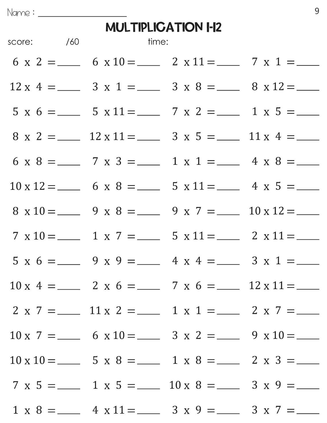 Multiplication Timed Tests 1-12: Math Speed Drills Worksheets (PDF) - Etsy