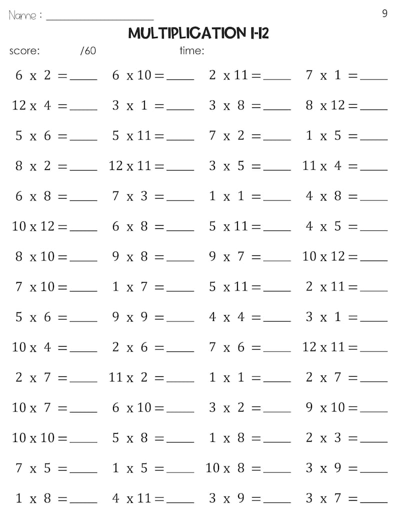 Multiplication 1-12 Math Timed Tests Speed Drills Worksheets - Etsy
