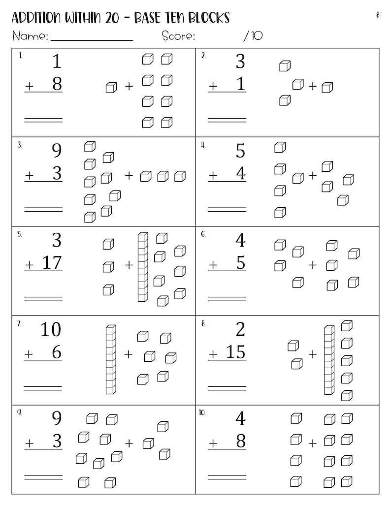 Addition Within 20 With Pictures Base Ten Blocks Worksheets - Etsy