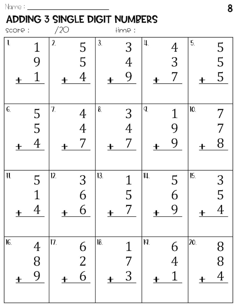 Adding 3 Single Digit Numbers Worksheets - Math Timed Test Addition - Etsy