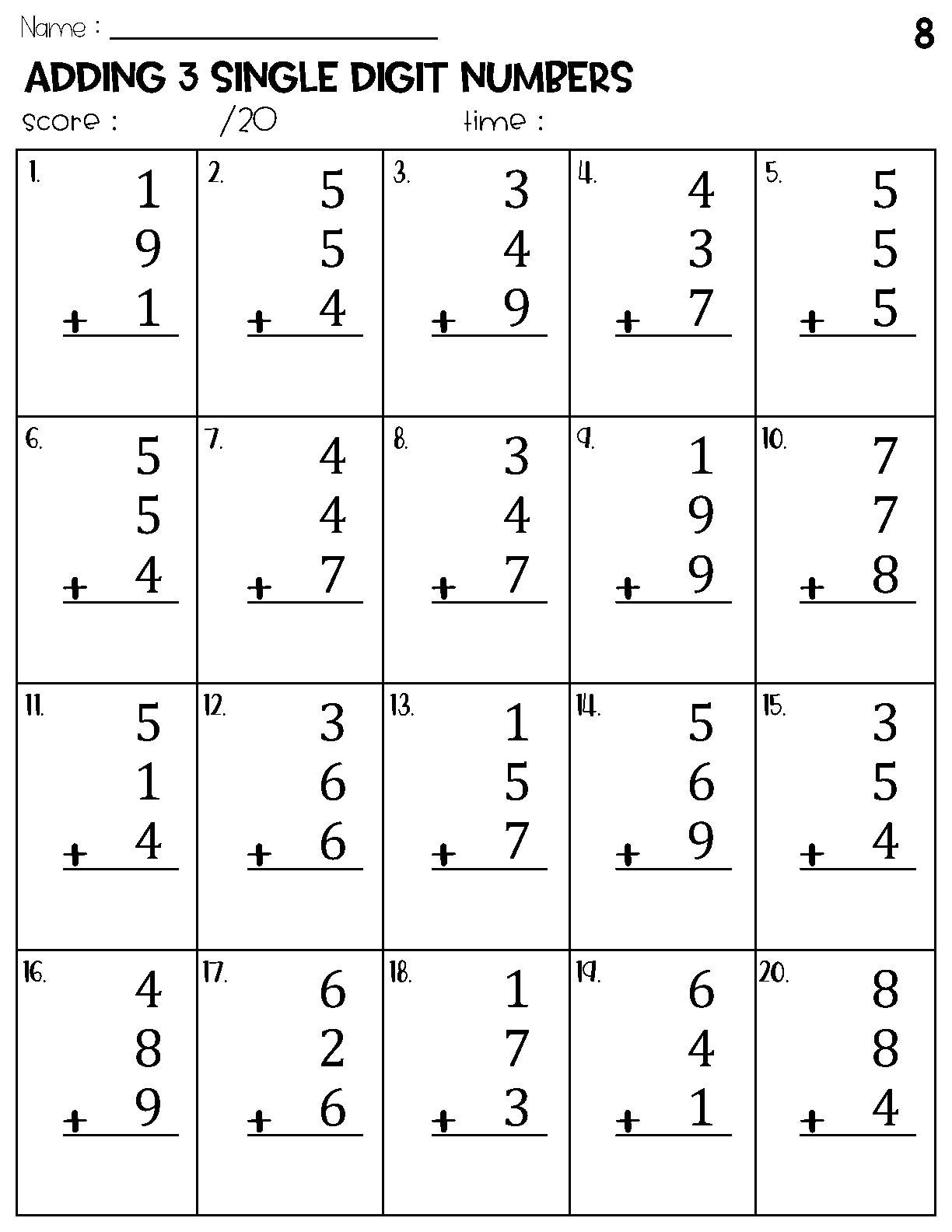 Adding 3 Single Digit Numbers Worksheets - Math Timed Test Addition - Etsy