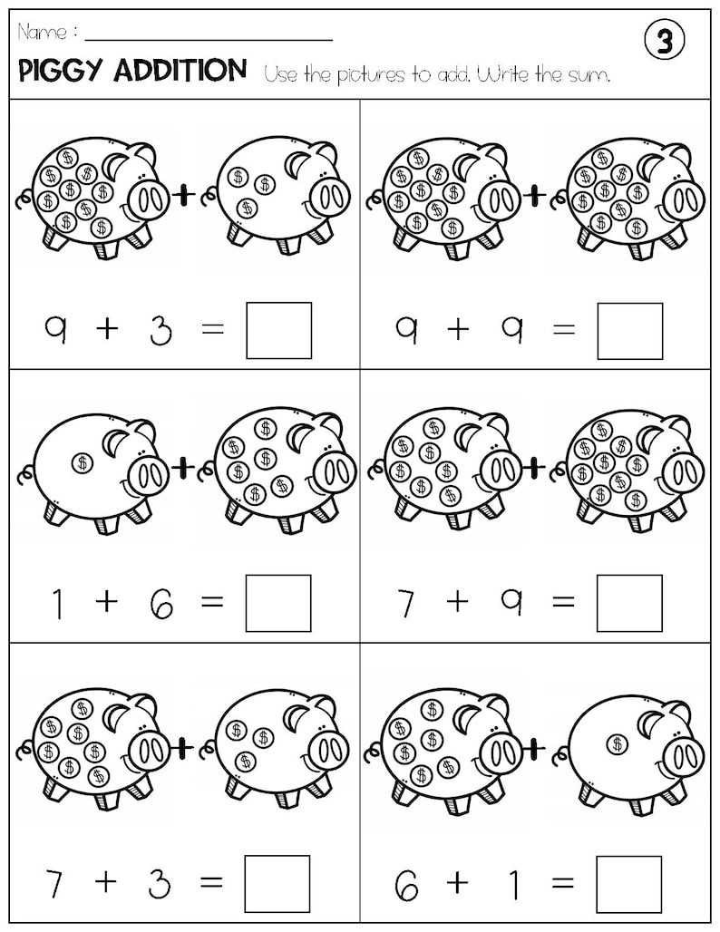 Addition With Pictures Sum up to 20 Worksheets - Adding Piggy Pictures ...