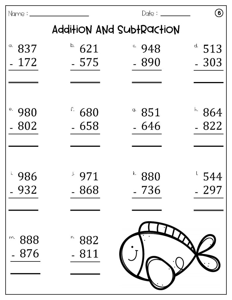 3 Digit Addition and Subtraction Worksheets - SET3 Ocean Theme Math ...