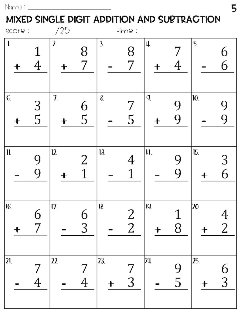 Hojas de trabajo de suma y resta de números mixtos de un solo dígito ...