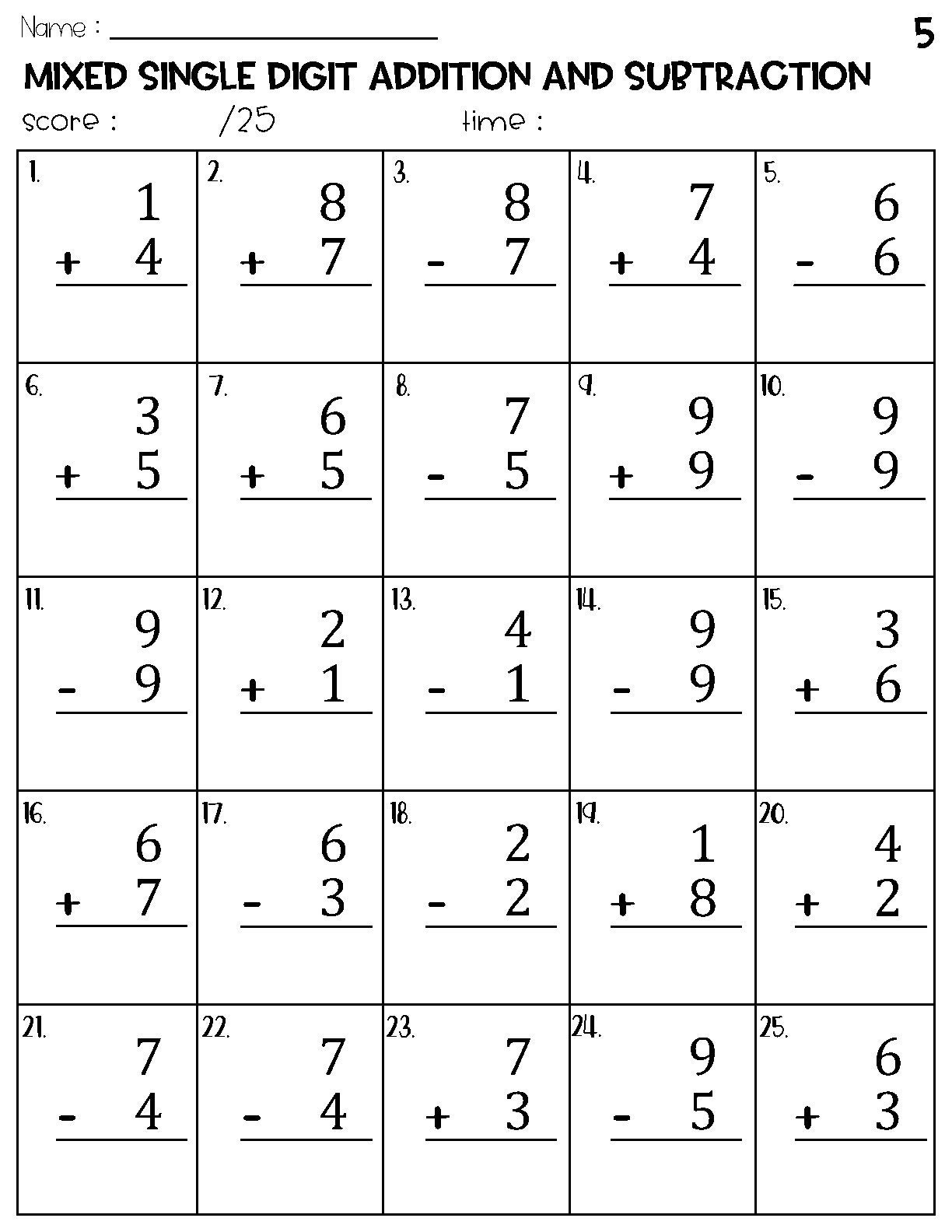 Mixed Single Digit Addition and Subtraction Worksheets - Etsy