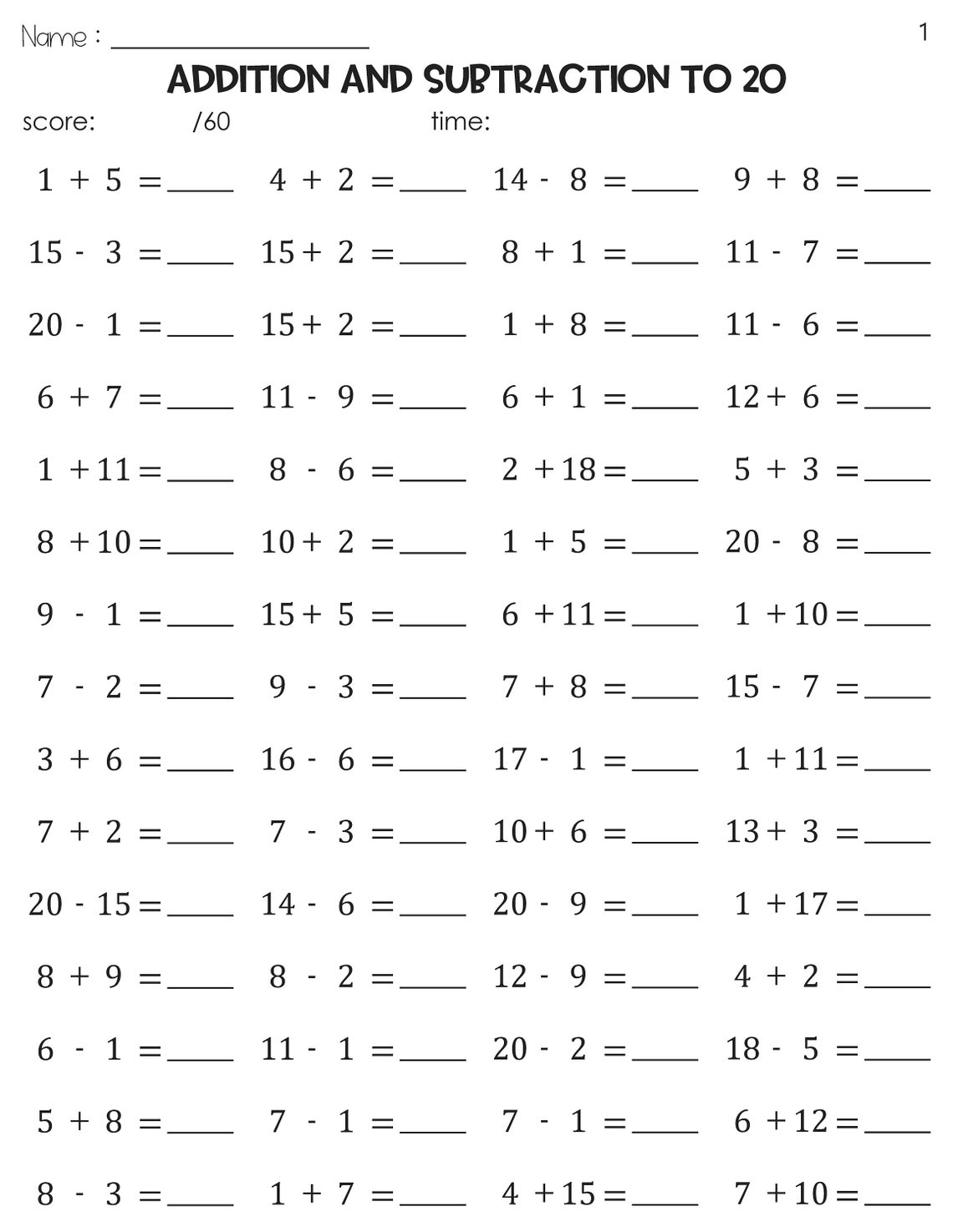 Math Fact Fluency Addition and Subtraction to 20 Timed Tests Practice ...
