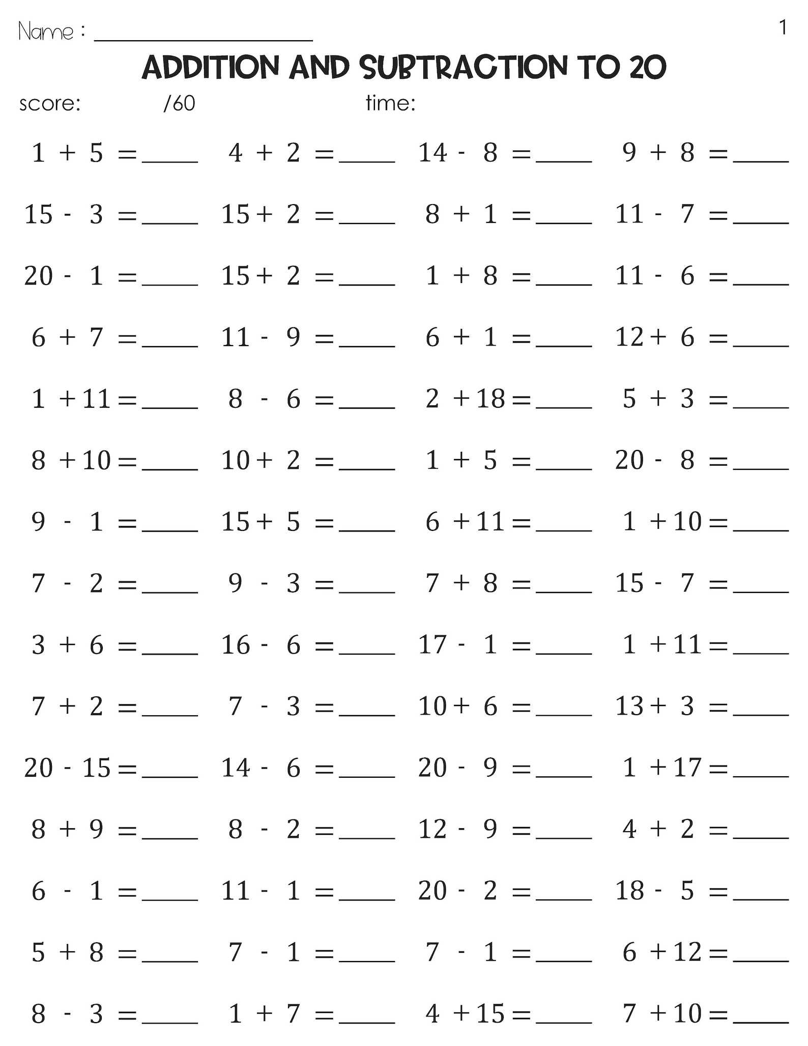 Math Fact Fluency Addition and Subtraction to 20 Timed Tests Practice ...