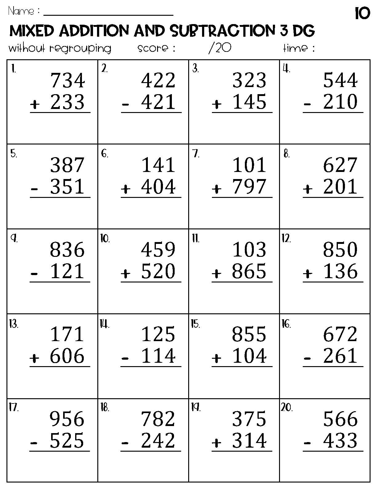 Three Digit Mixed Addition and Subtraction Without Regrouping ...