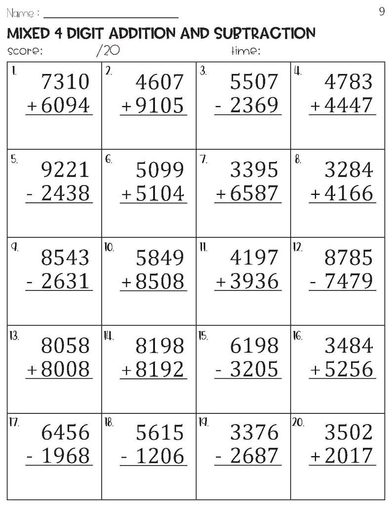 100 Four Digit Mixed Addition and Subtraction With and Without ...