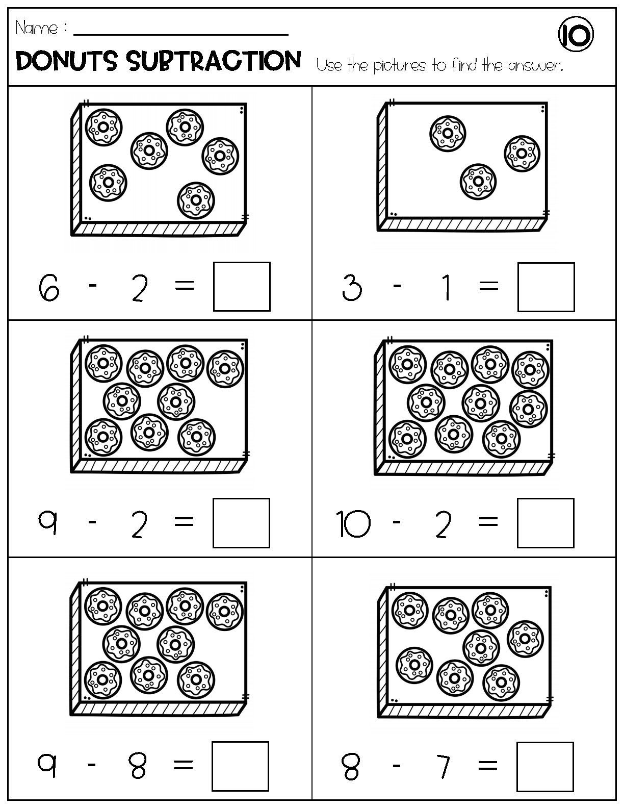 Subtraction With Pictures Within 10 Worksheets - Subtracting Donuts ...