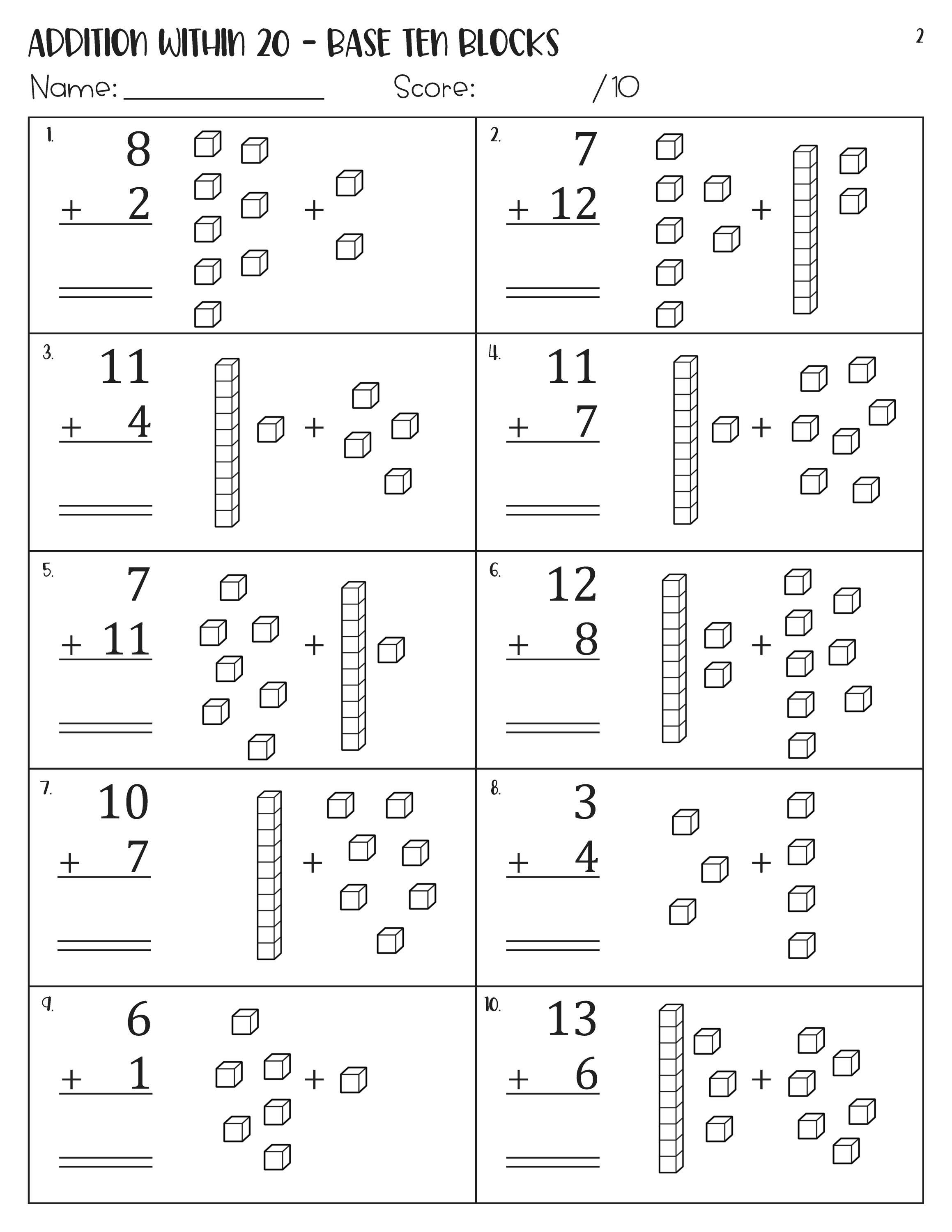 Addition Within 20 With Pictures Base Ten Blocks Worksheets - Etsy
