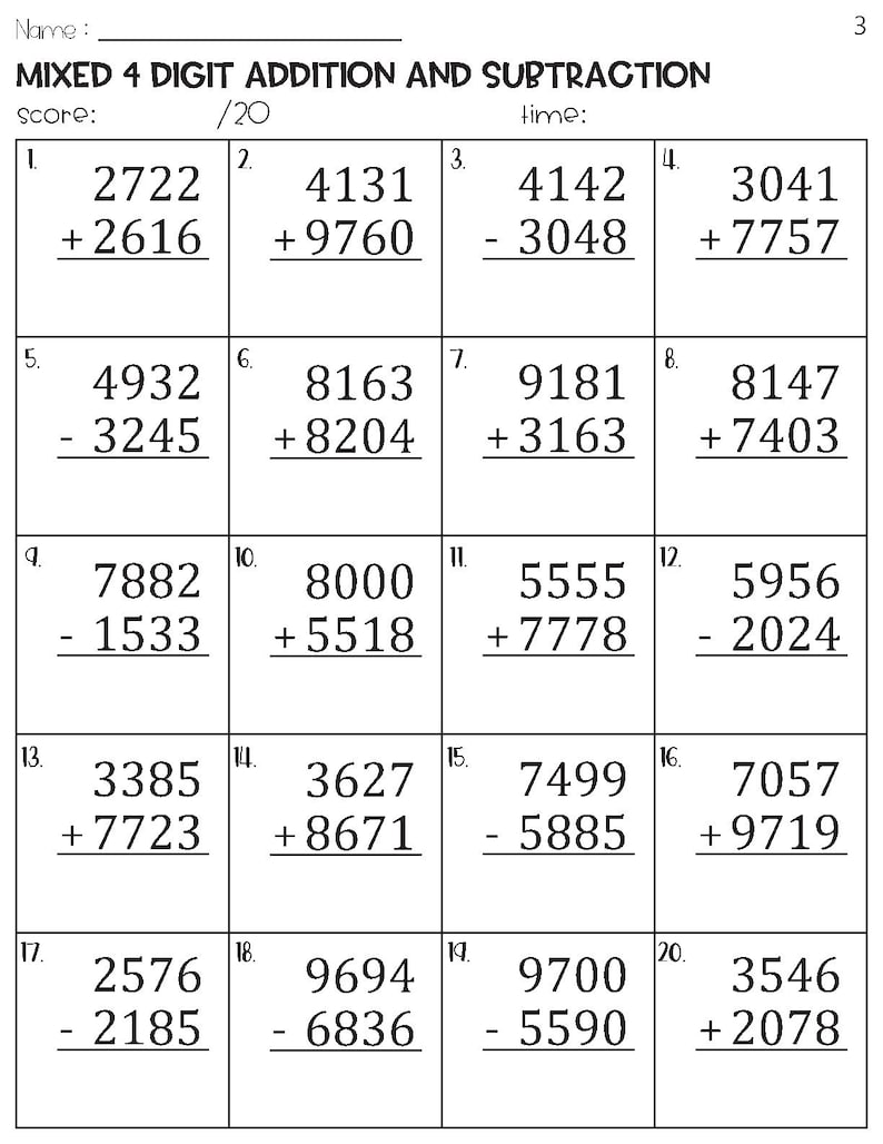 100 Four Digit Mixed Addition and Subtraction With and Without ...