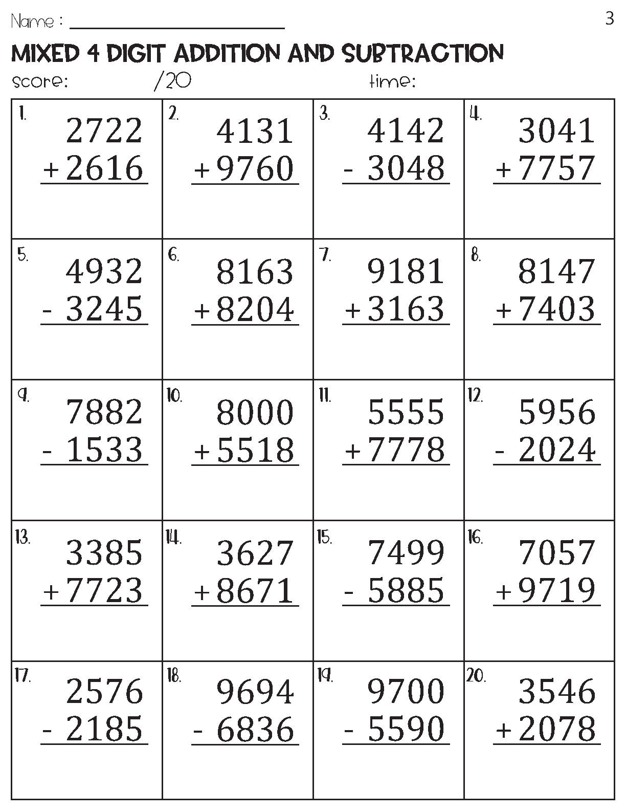 100 Four Digit Mixed Addition and Subtraction With and Without ...
