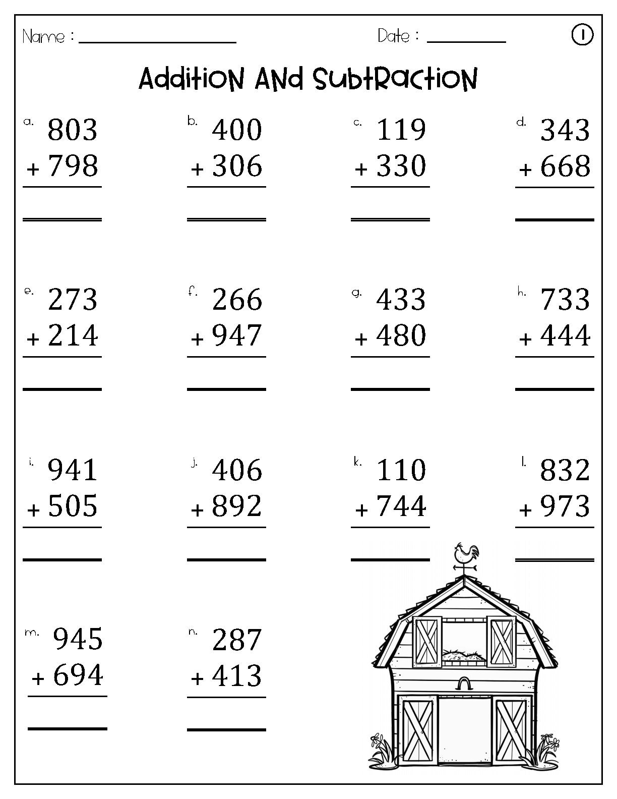 3 Digit Addition and Subtraction Worksheets - SET2 Farm Theme Math ...
