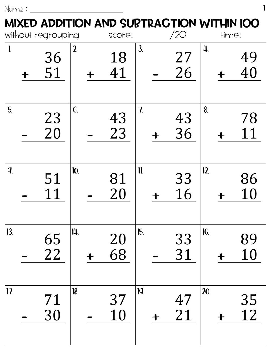 Mixed Addition and Subtraction Within 100 Without Regrouping Worksheets ...