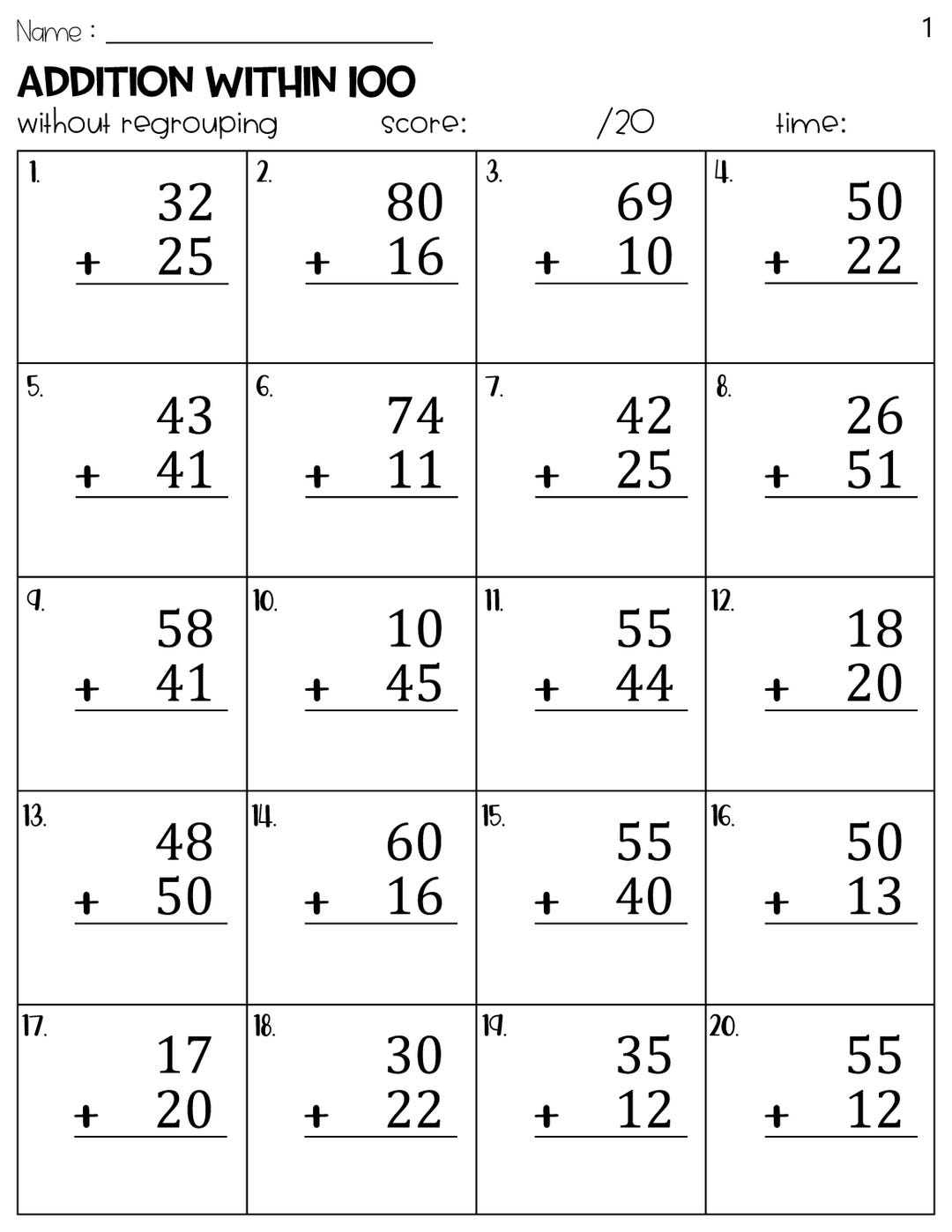 Addition Within 100 Without Regrouping Worksheets - Etsy