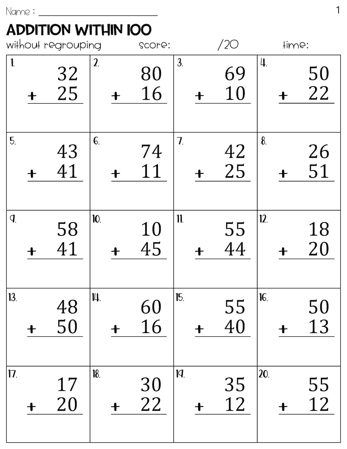 Addition Within 100 Without Regrouping Worksheets - Etsy