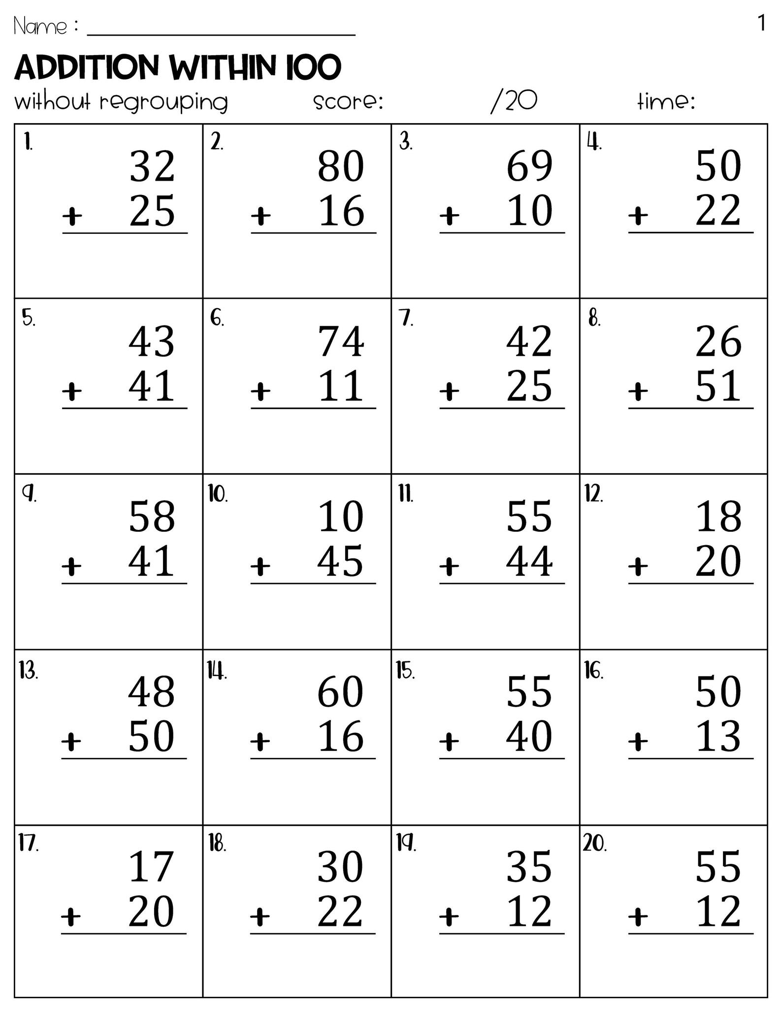 Addition Within 100 Without Regrouping Worksheets - Etsy