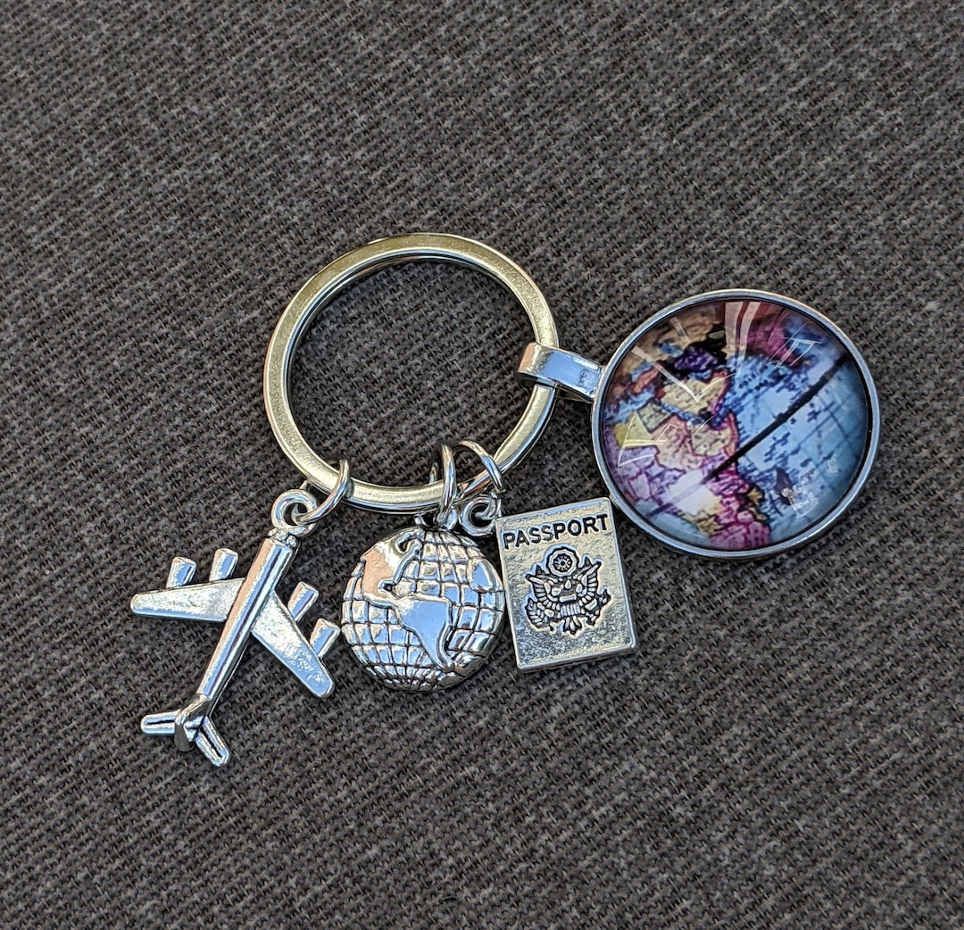 Travel Keyring Silver Planet Earth Keychain World Map Passport/plane ...