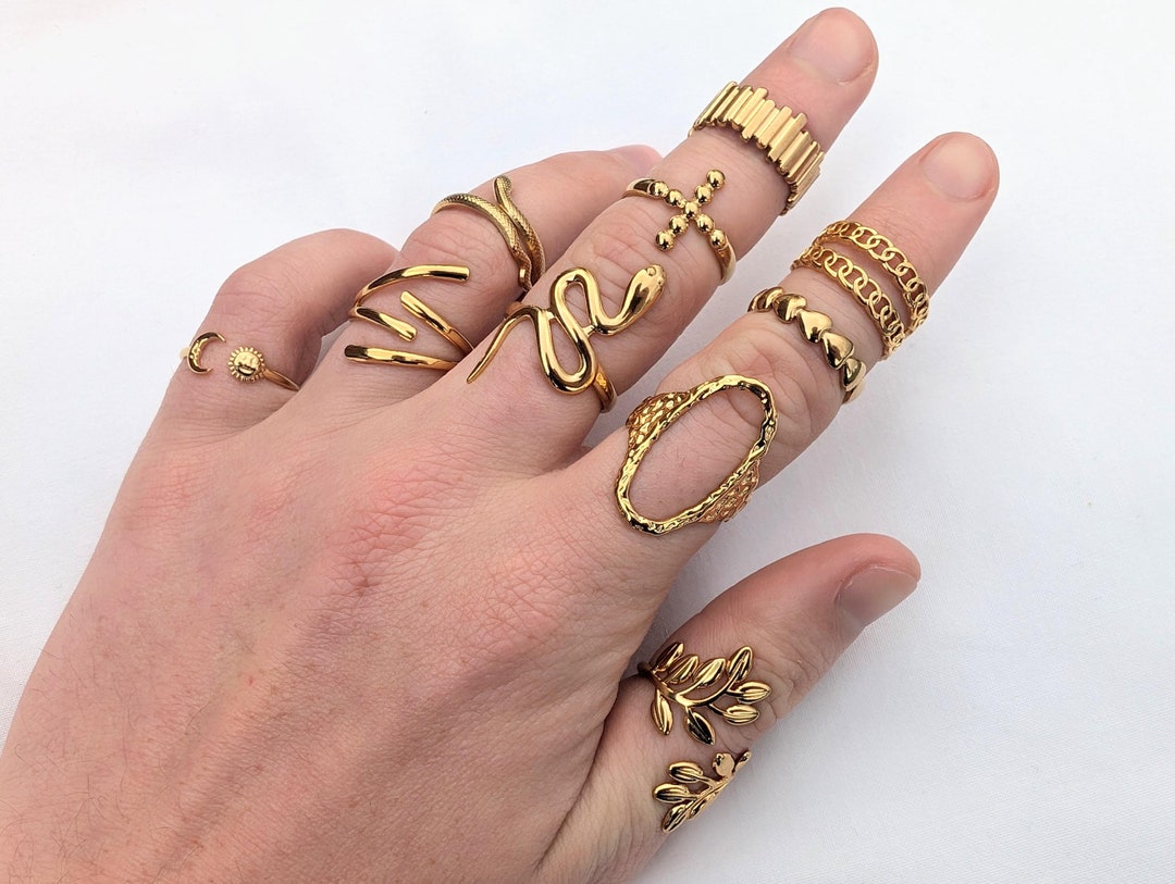 18K Gold Rings Chunky Gold Adjustable Rings for Men & Women Solid Band ...