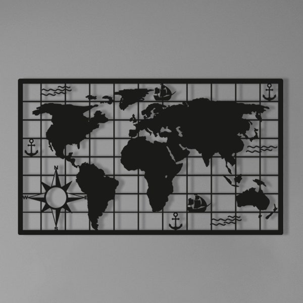 Metal World Map With Compass Modern Office and Business Wall - Etsy