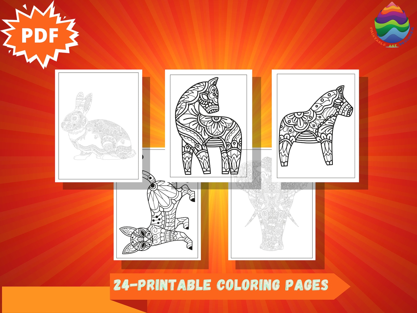 Adult Animal Coloring Pages PDF -24 Printable Animal Mandala Coloring ...