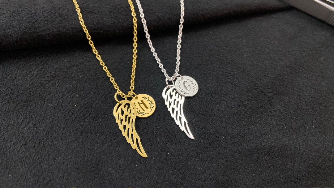 Sterling Silver Angel Wing Necklace: Personalized Initial Memorial Gift ...