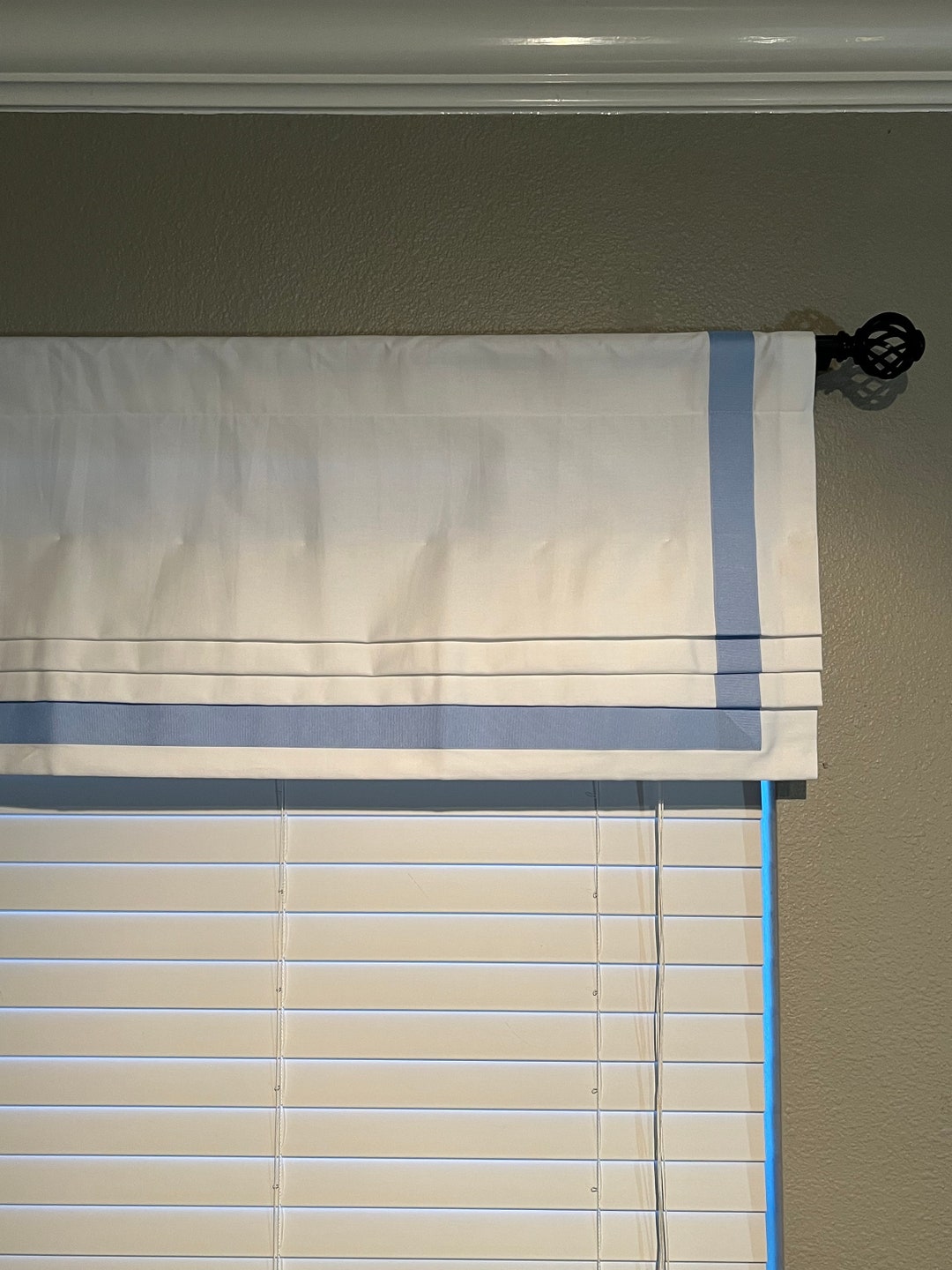 Faux Roman Shade Valance - White Fabric With Millennium Blue Ribbon ...