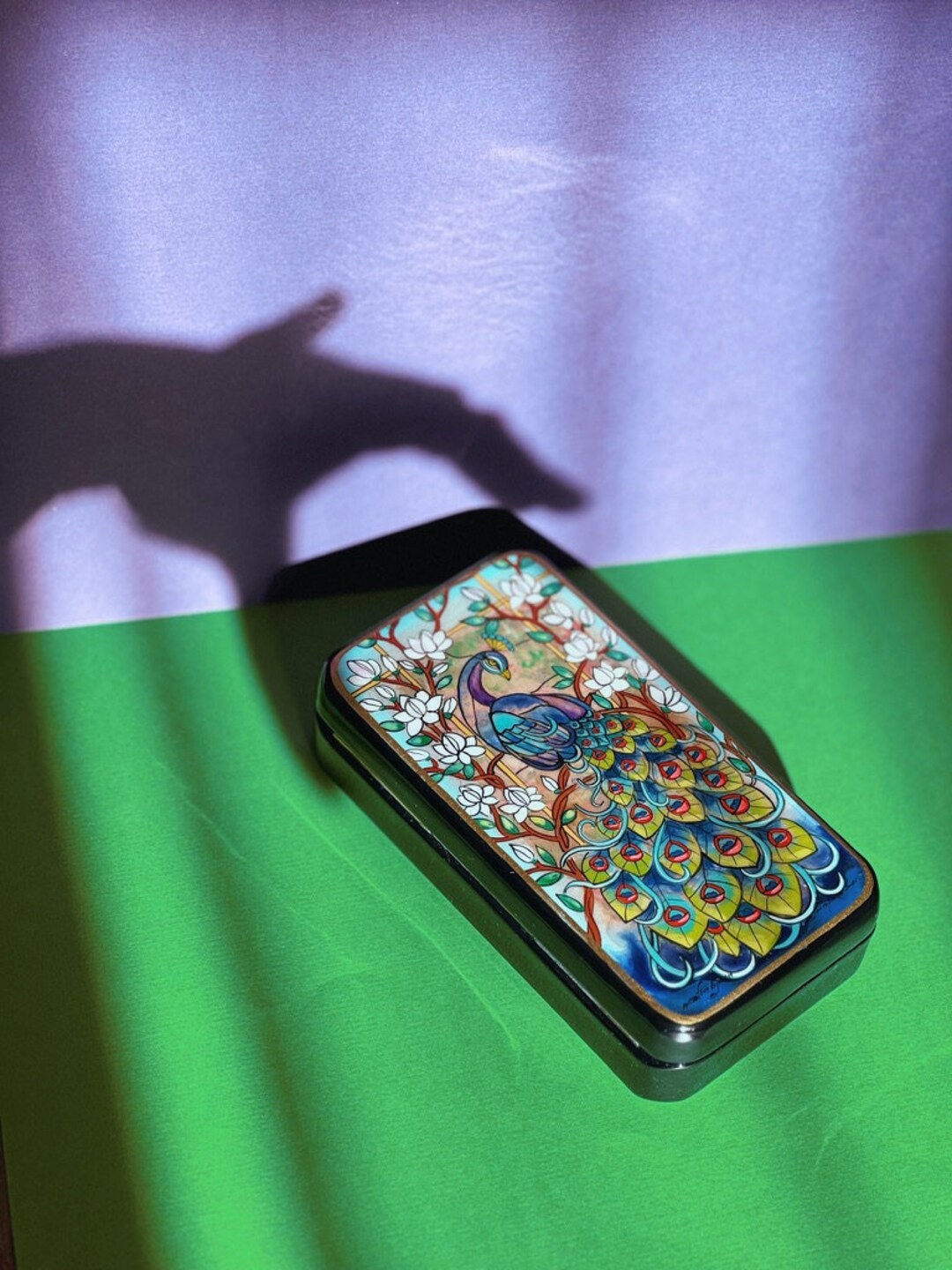 Beautiful Lacquer Box "peacock" Hand Painted Miniature Painting Jewelry ...