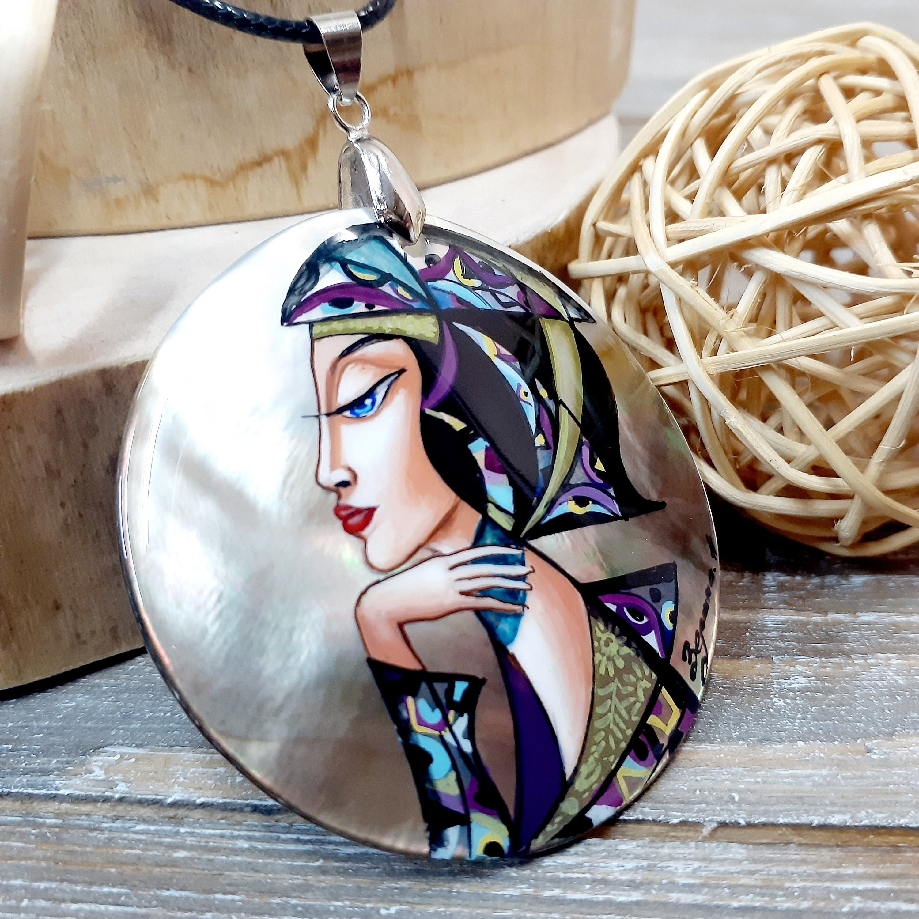 Pearl Pendant Necklace: Beautiful Girl Profile Painted on Dainty ...