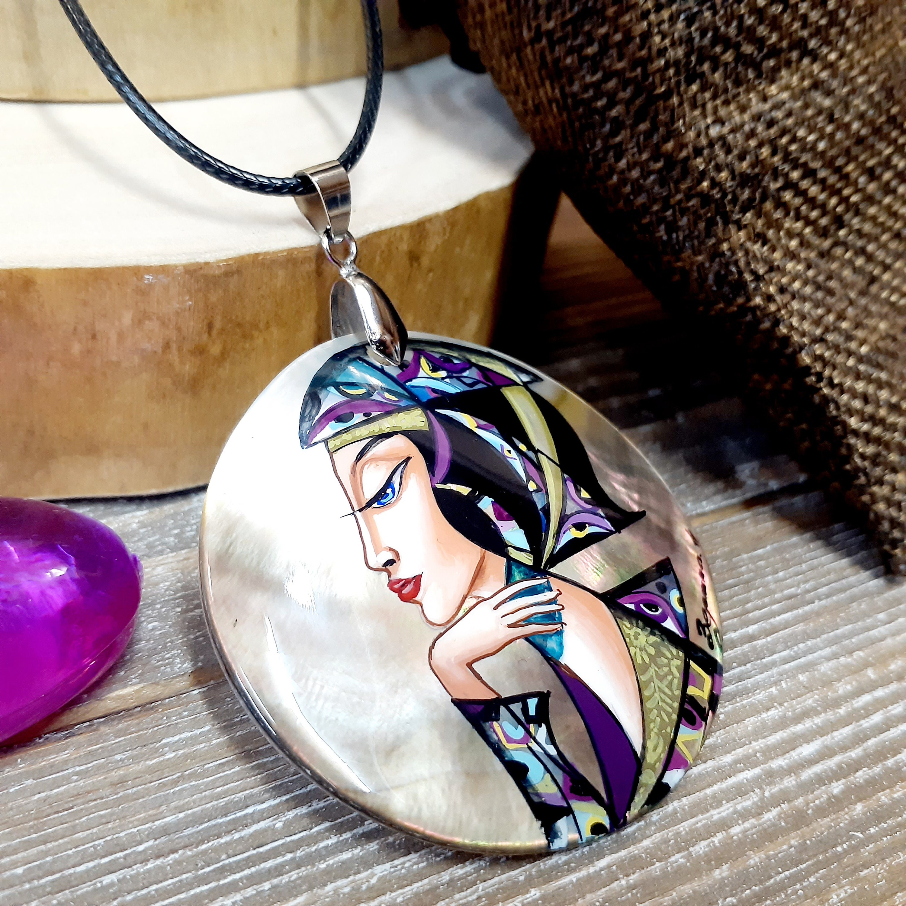 Pearl Pendant Necklace: Beautiful Girl Profile Painted on - Etsy