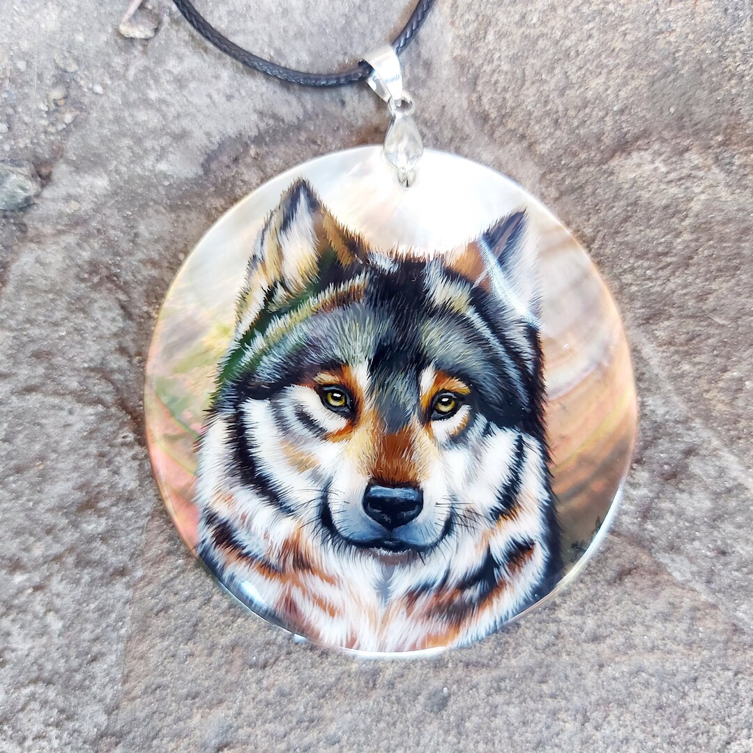 Miniature Hand Painted Beautiful Pearl Wolf Pendant Mother of Pearl ...