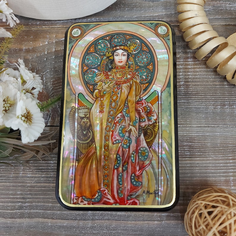Beautiful Lacquer Box Alphonse Mucha "imperial" Hand Painted Miniature ...