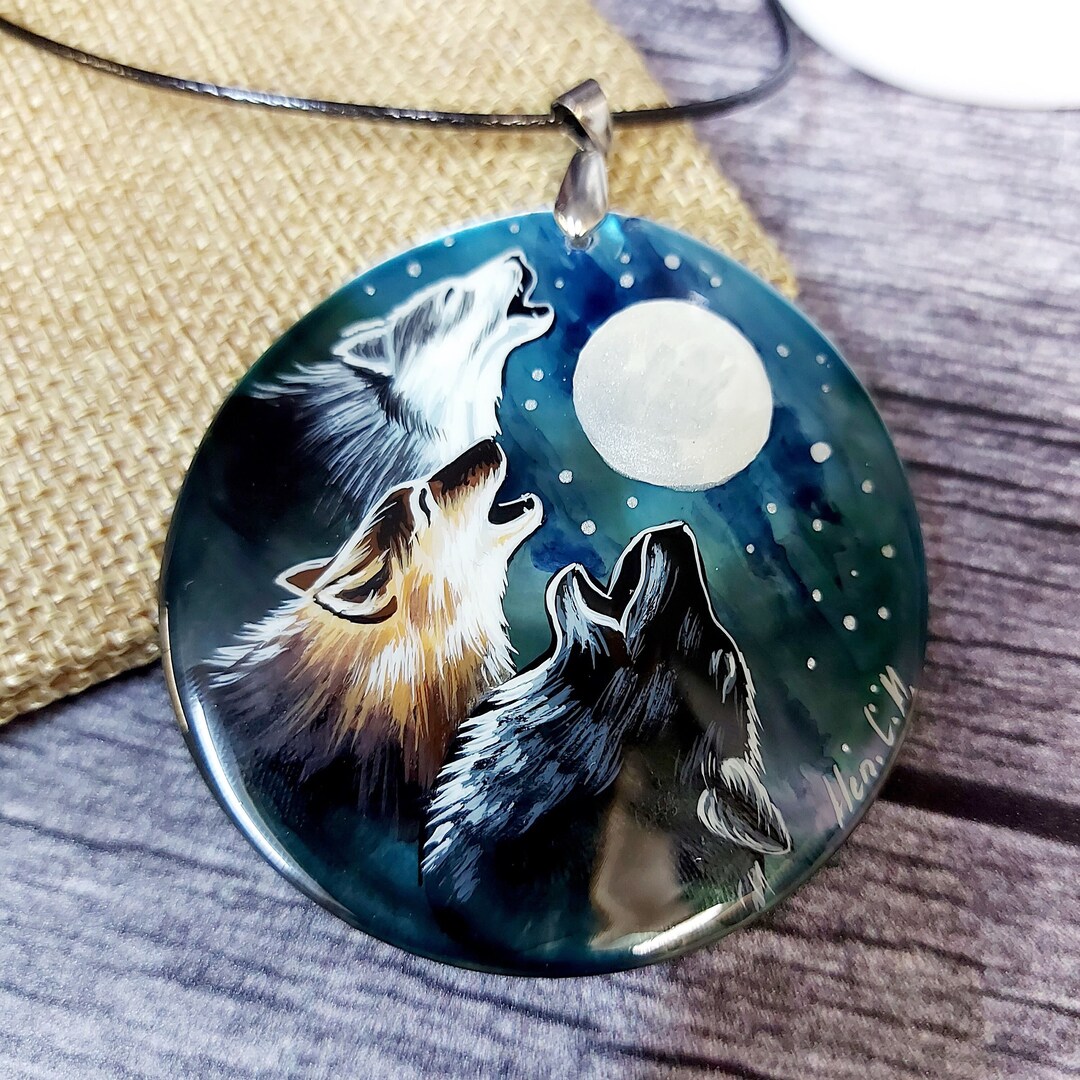 Pearl Pendant Necklace: Howling Wolves. Moon Night on Mother of Pearl ...