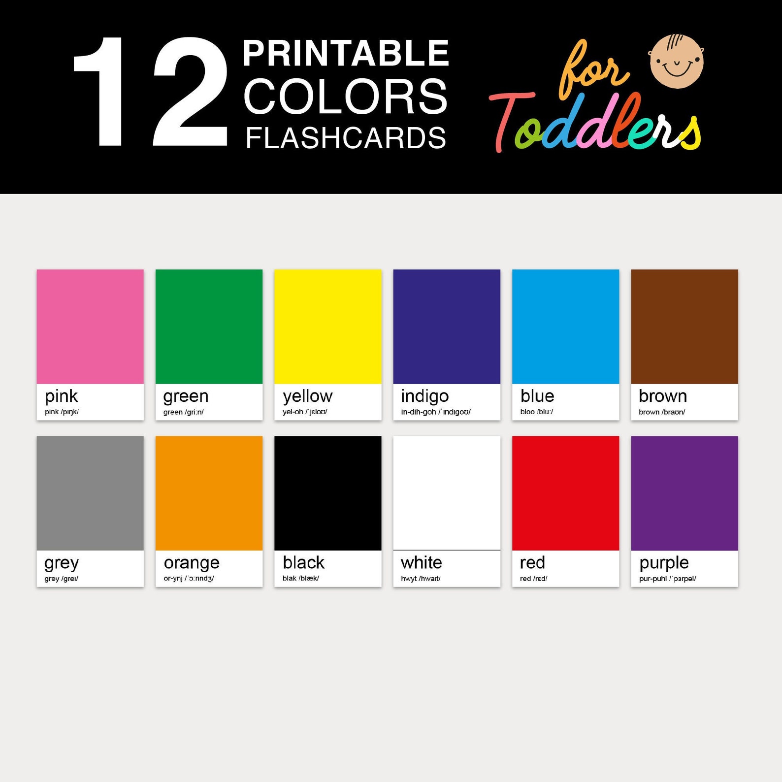 Learn Colors, 12 Flashcards for Toddler, Preschool Learning, Montessori ...