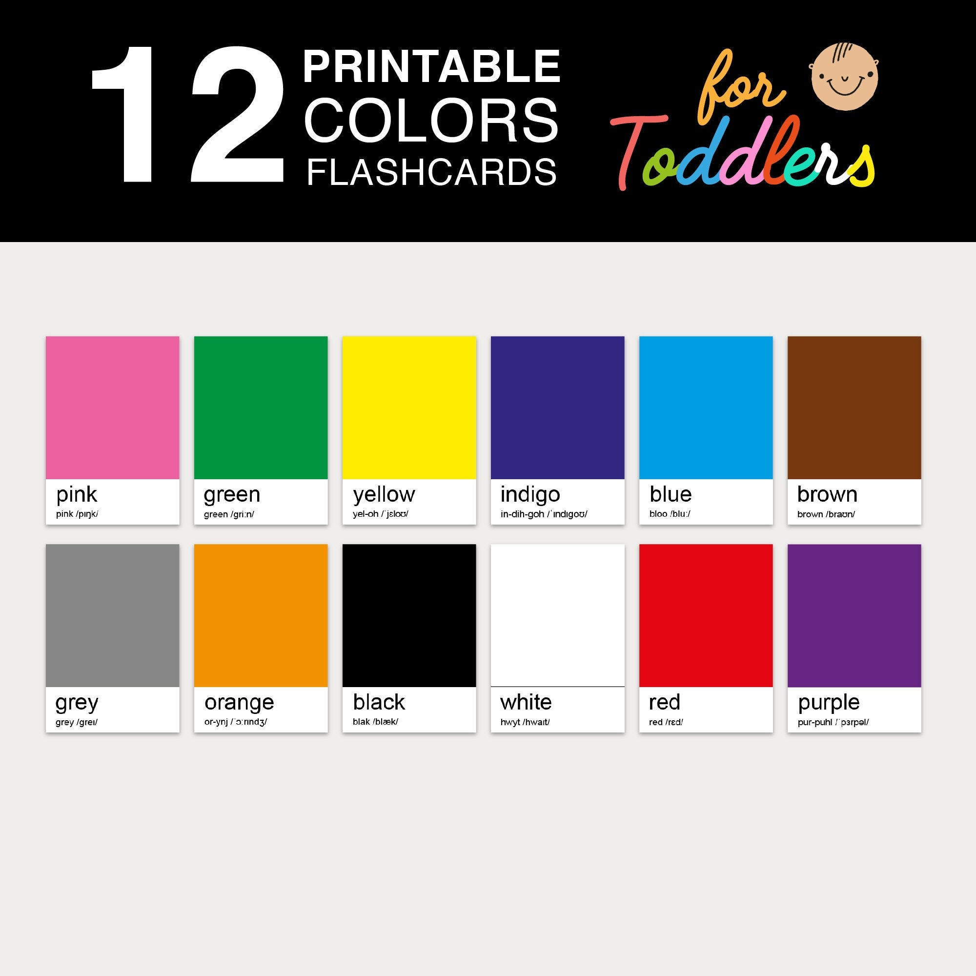 Learn Colors, 12 Flashcards for Toddler, Preschool Learning, Montessori ...