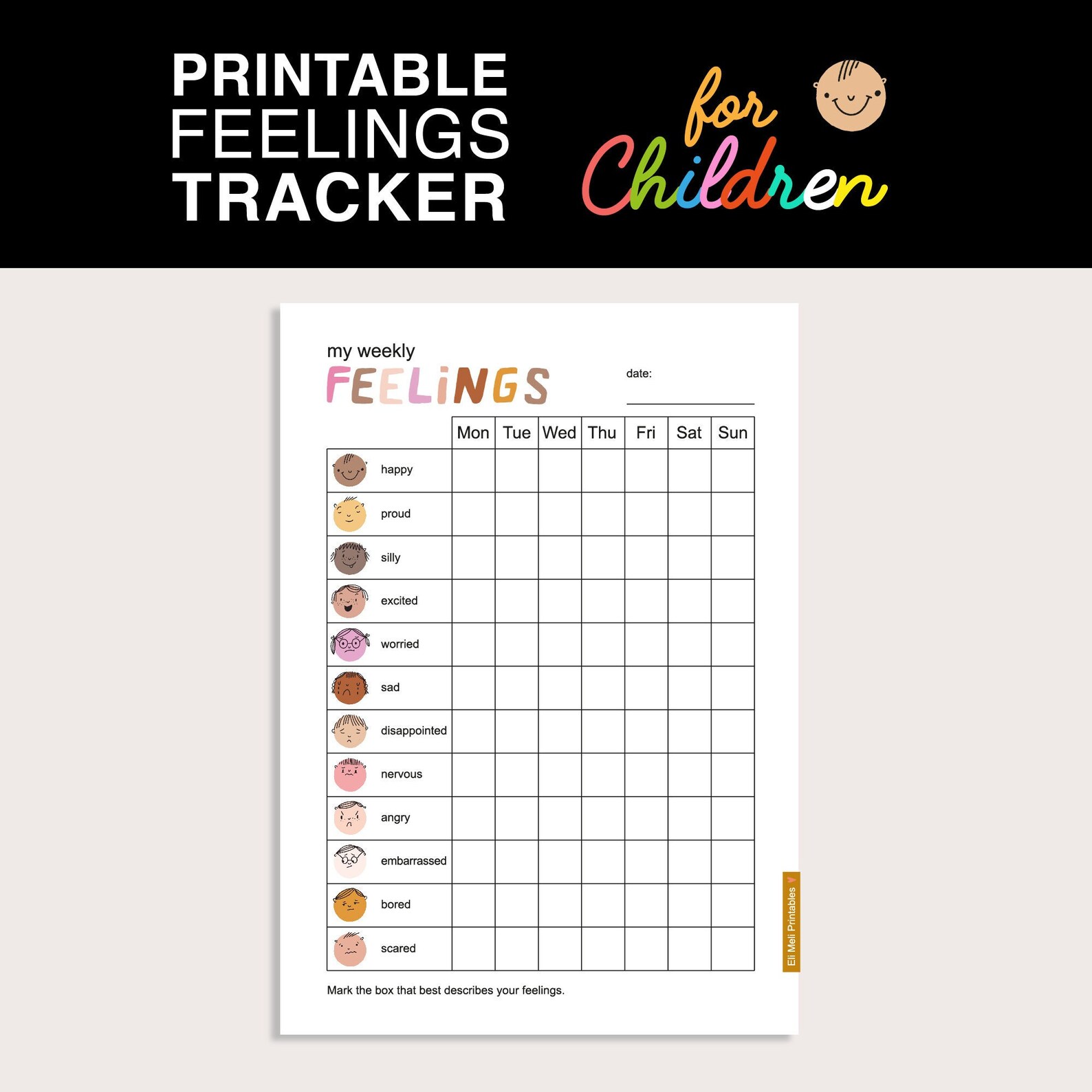 Feelings Chart, Toddler Emotion, Mood Tracker Digital Download ...