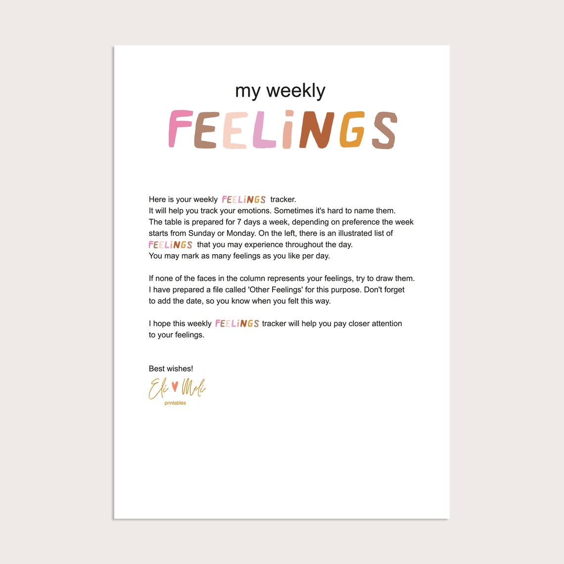 Feelings Chart, Toddler Emotion, Mood Tracker Digital Download ...
