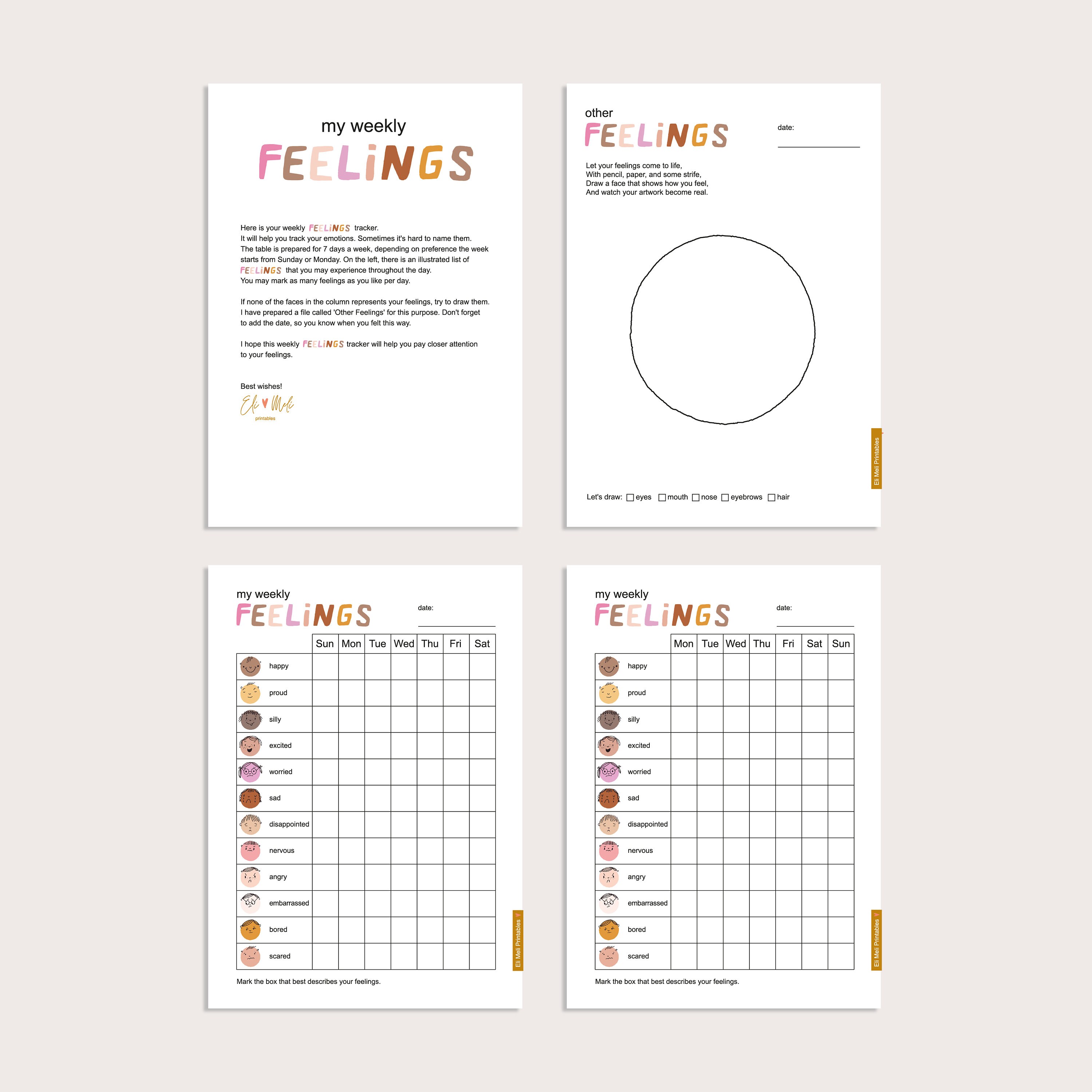 Feelings Chart, Toddler Emotion, Mood Tracker Digital Download ...
