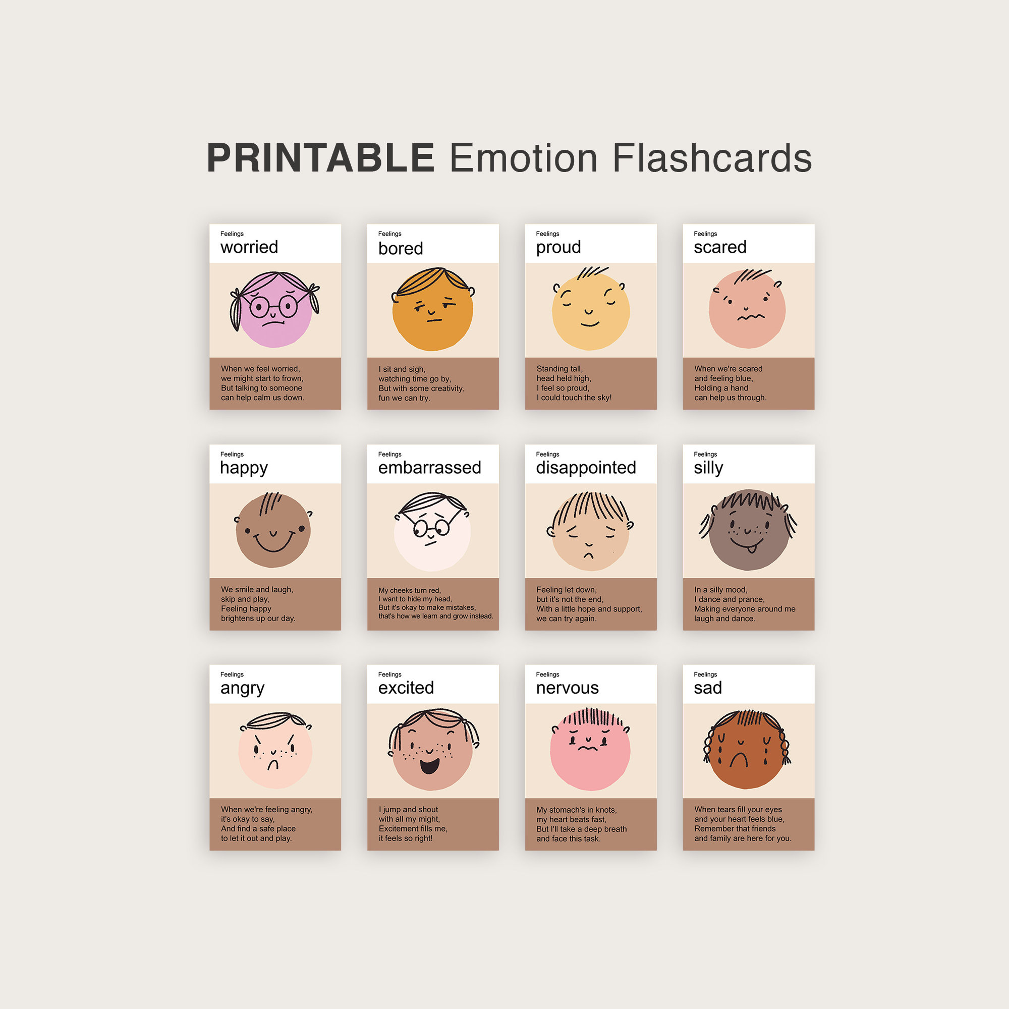12 Emotion Flashcards for Kids, Montessori Toddler Printables ...