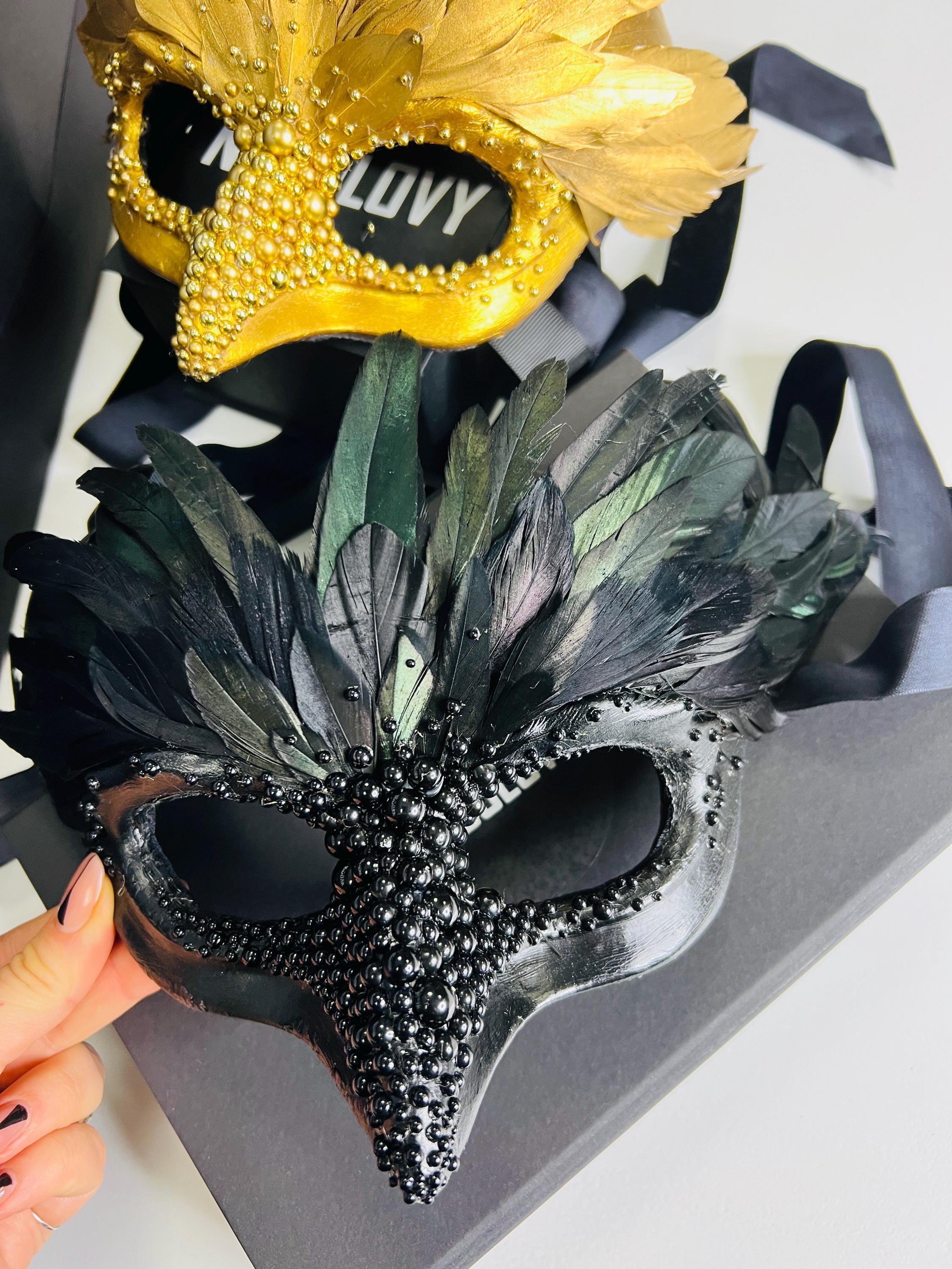 Gold Black Bird Feather Masks set of 2 Handmade Luxury Masquerade ...