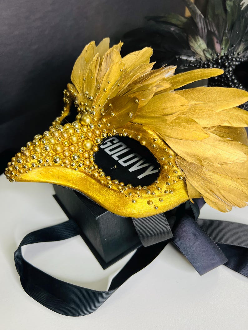 Gold Black Bird Feather Masks set of 2 Handmade Luxury Masquerade ...