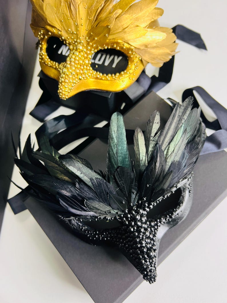 Gold Black Bird Feather Masks (set of 2) Handmade Luxury Masquerade ...