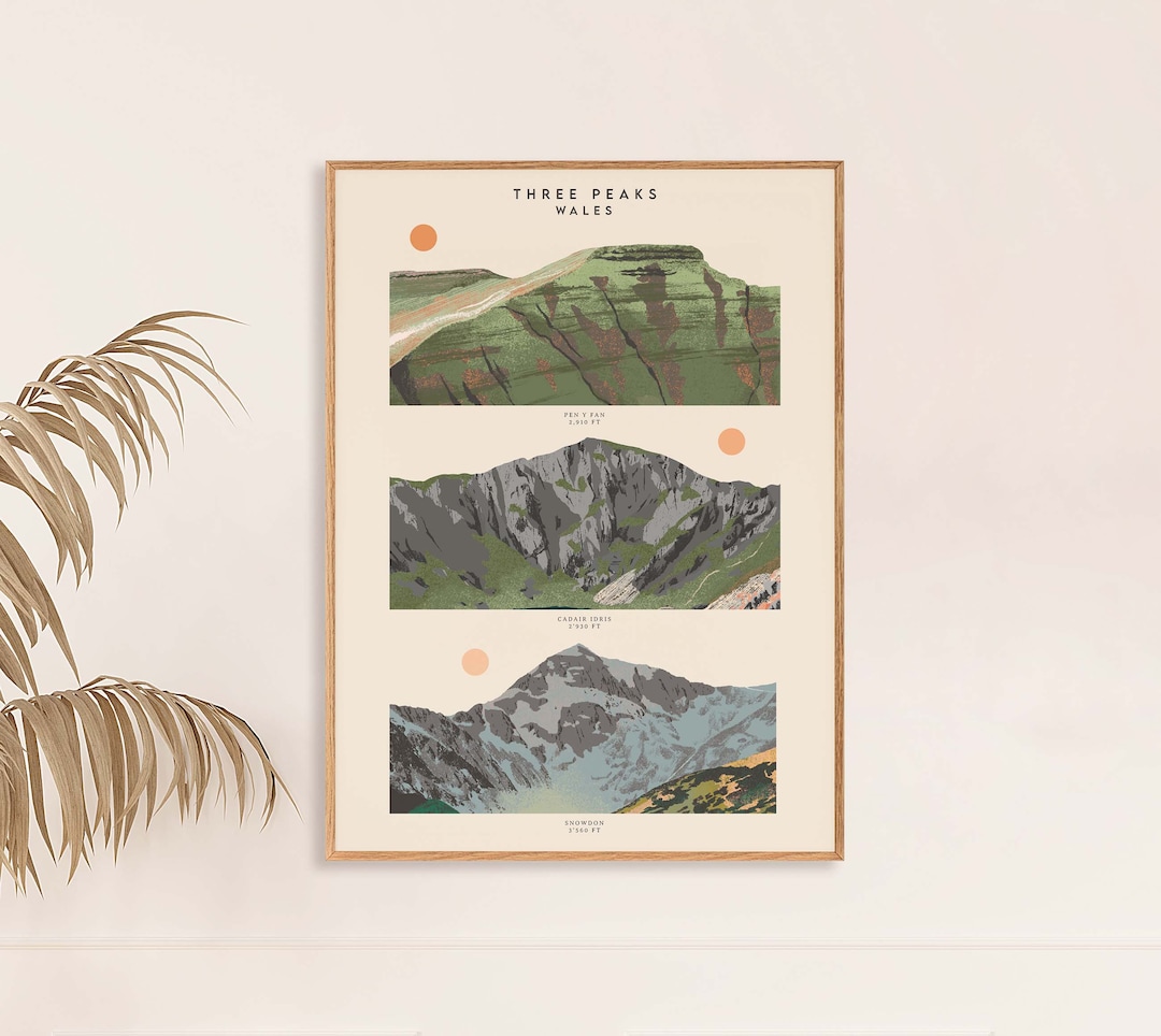 Three Peaks Wales Mountain Print Poster UK Travel Poster Snowdon Cadair ...