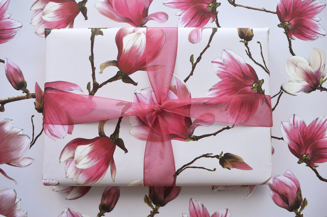 Floral Gift Wrap, Magnolia, Wrapping Paper, Pink Wrapping Paper, Flower ...