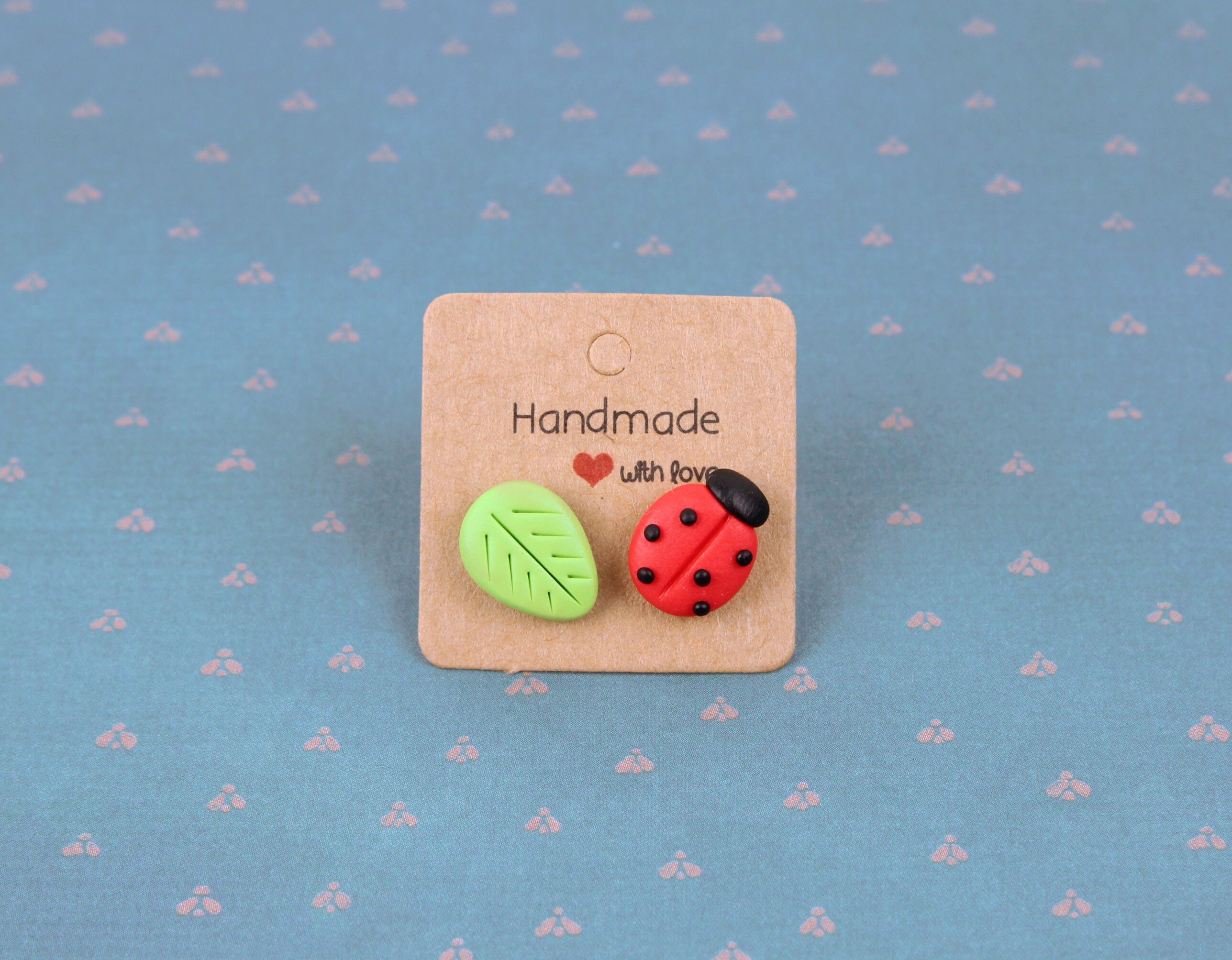 Ladybug Stud Earrings, Cute Mismatched Earrings, Spring Leaf Studs - Etsy