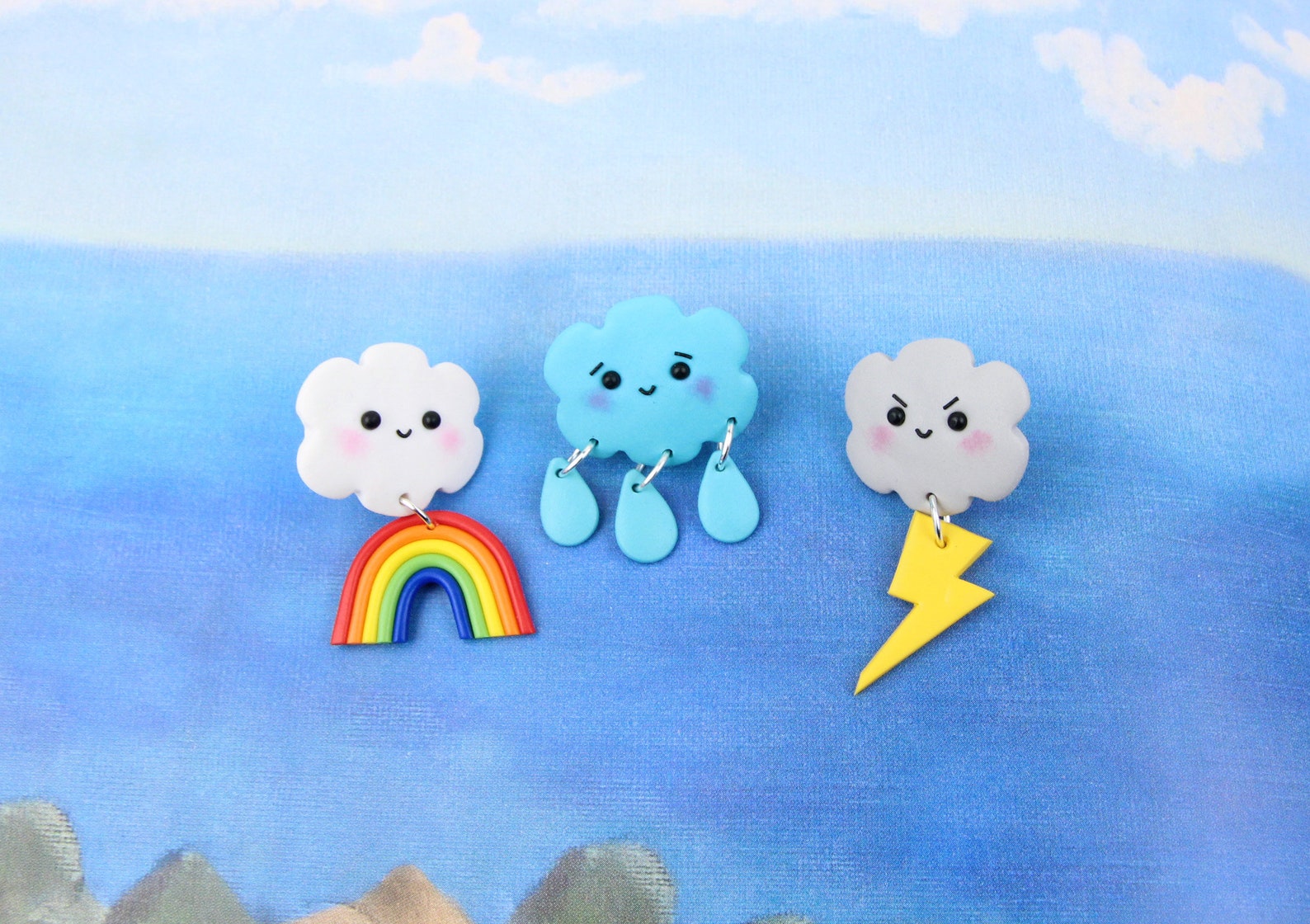 Cottagecore Stud Earrings Rain Rainbow Thunder Earrings | Etsy