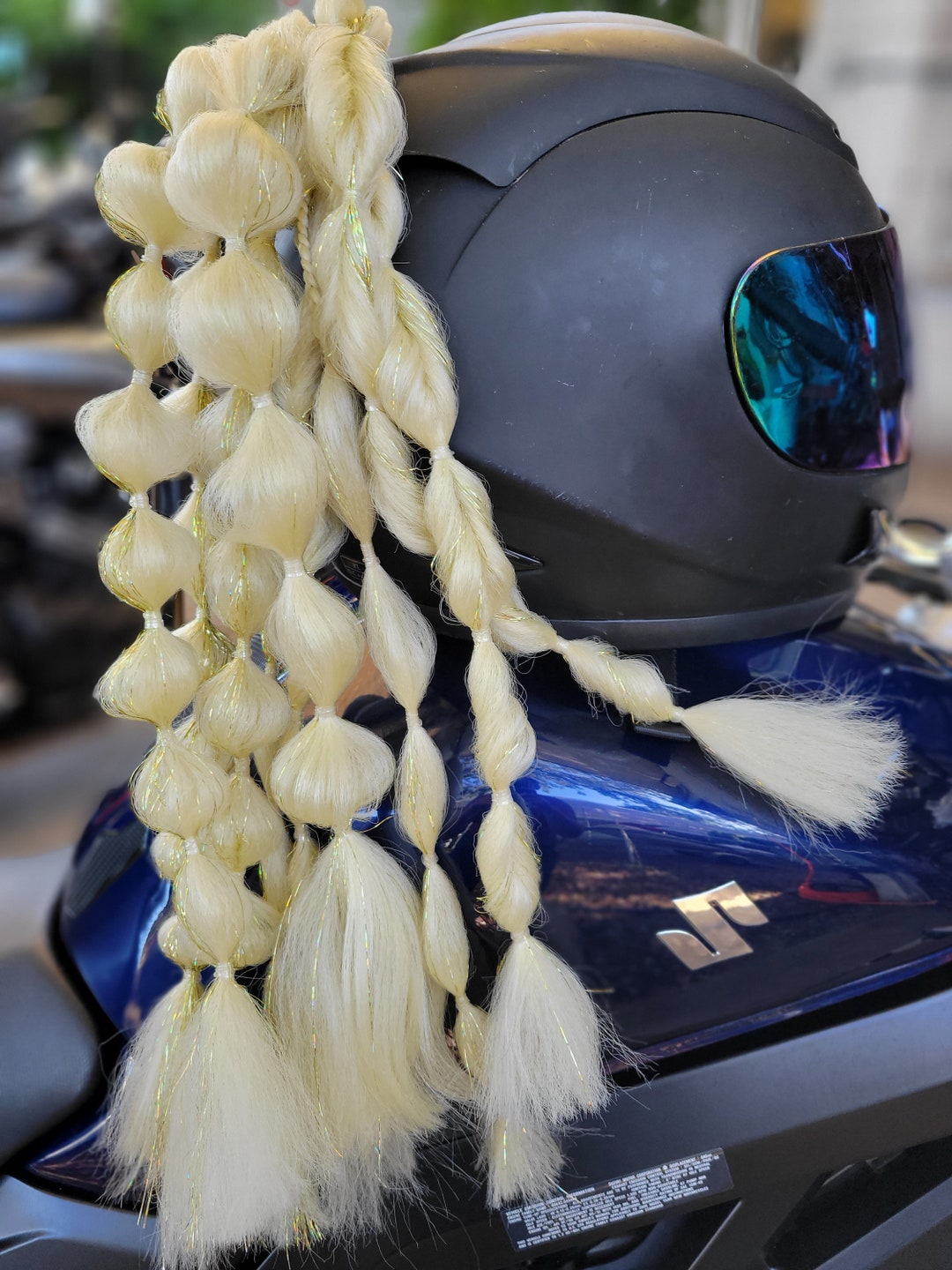 Biker Braids, Golden Bombshell, Rave Braid, Helmet Ponytail, Helmet ...