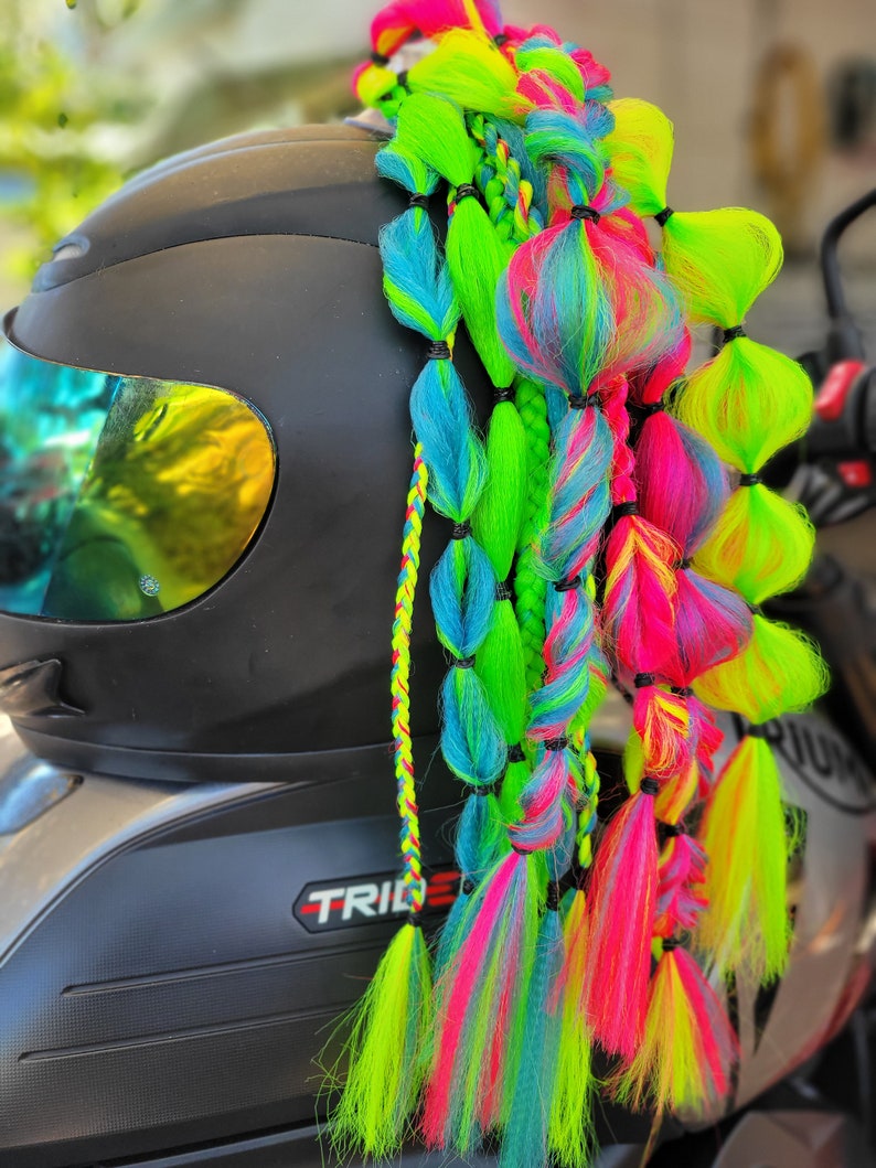 Biker Braids, 90s Neon, Rave Braid, Helmet Ponytail, Helmet Flair ...