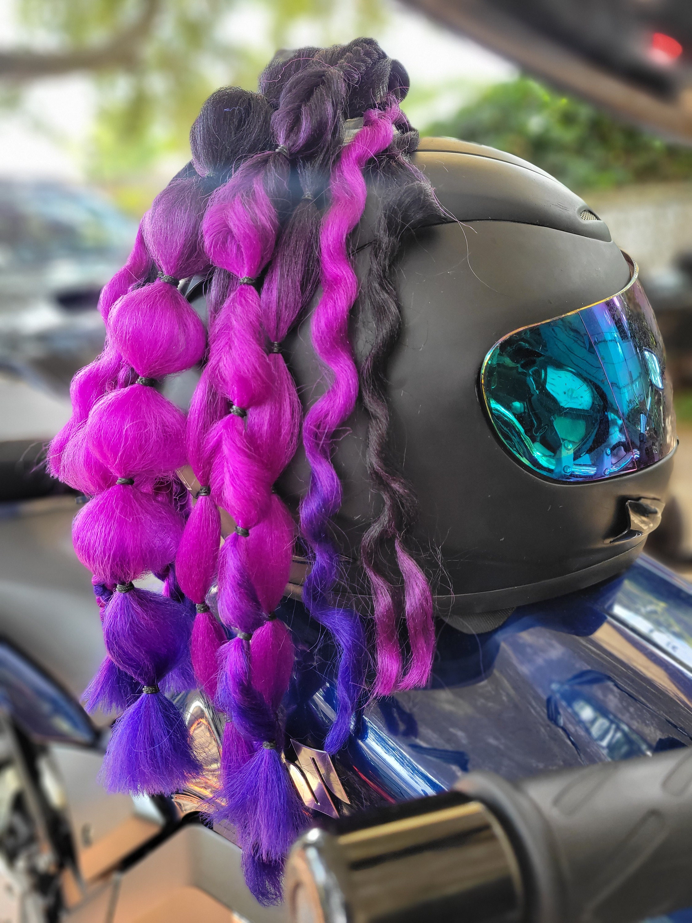 Biker Braids, Purple Black, Rave Braid, Helmet Ponytail, Helmet Flair ...